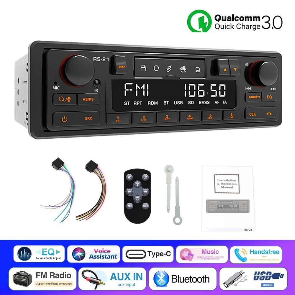 1Din ретро-автомагнитола MP3, аудио-стереосистема с Bluetooth, AUX, USB, EQ, FM, AM, RDS, RS21
