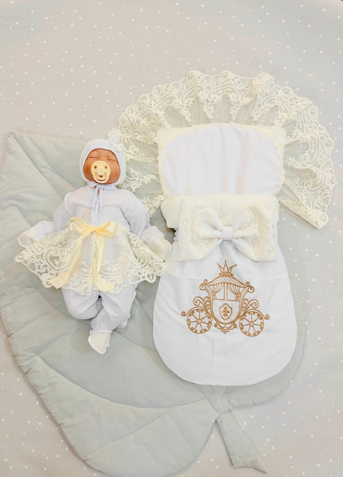 Комплект на выписку ALMeretskaya, летний, для новорожденных, хлопок, флис, с кружевом