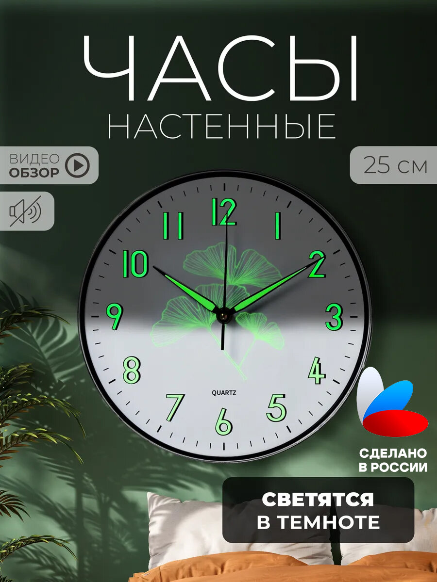 Часы настенные интерьерные Рубин 25см флуоресцентные бесшумные с подвесом батарейки AA цвет белый