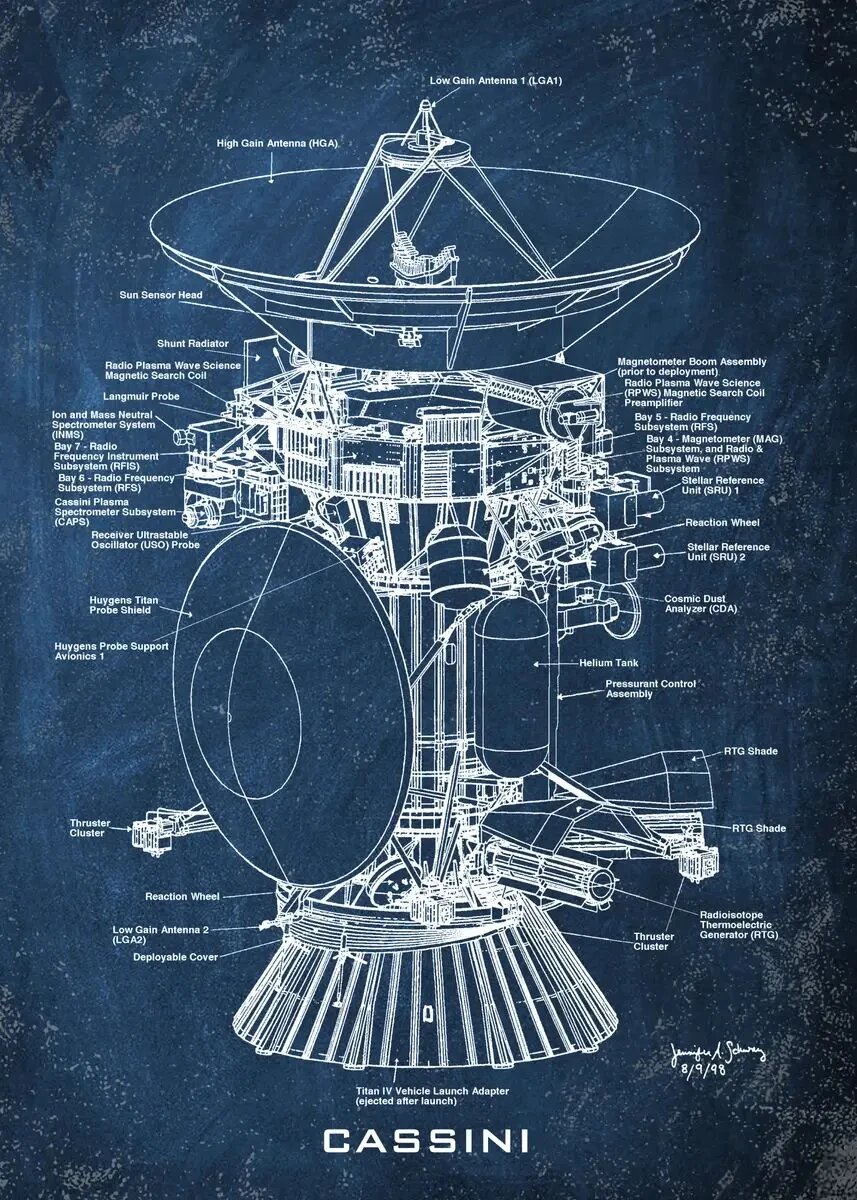 Космический аппарат Cassini, чертеж на холсте, 50x70см