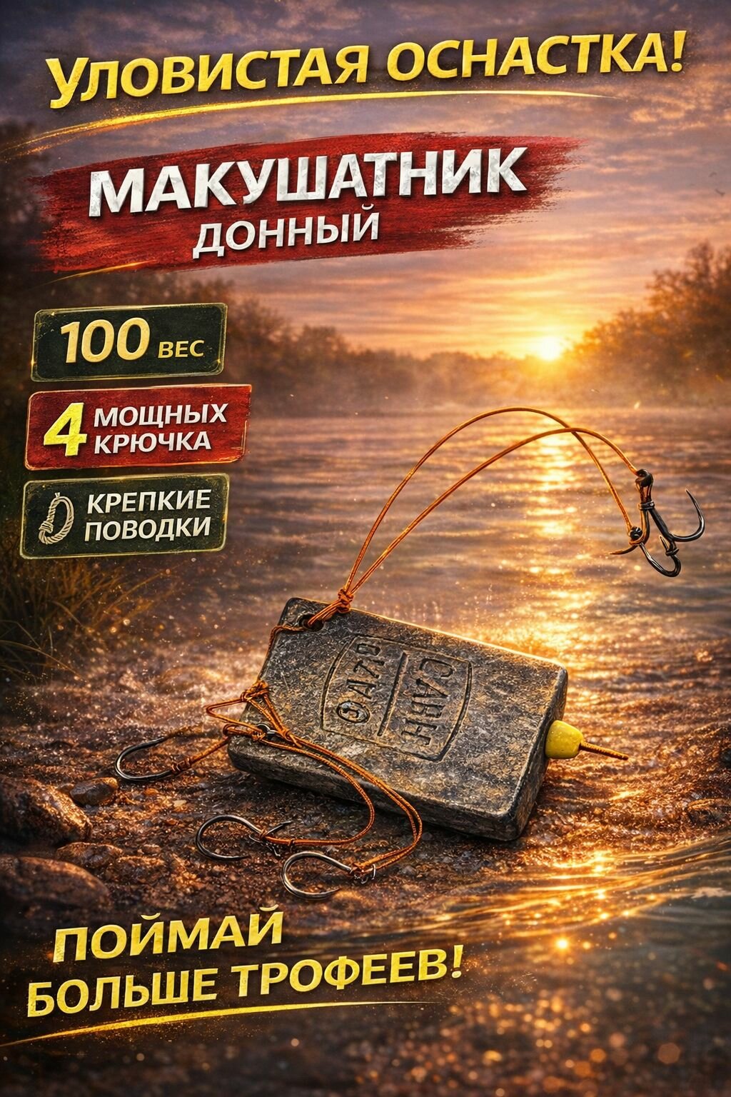 Макушатник для карпа 100 г, донная оснастка с 4 крючками №2, карповая снасть 35 lb