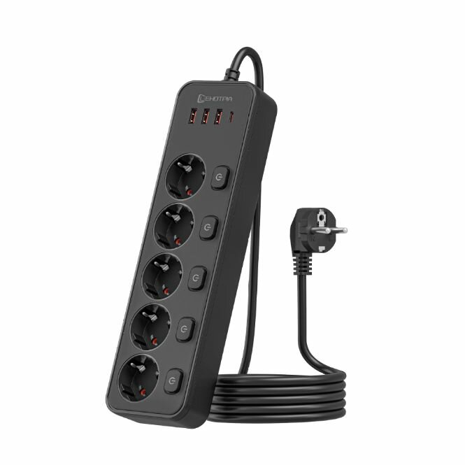 Евроудлинитель для стола с 5 розетками + 4 USB Индивидуальные выключатели PD 20W Матово-Черный Кабель 1.8м Безопасный