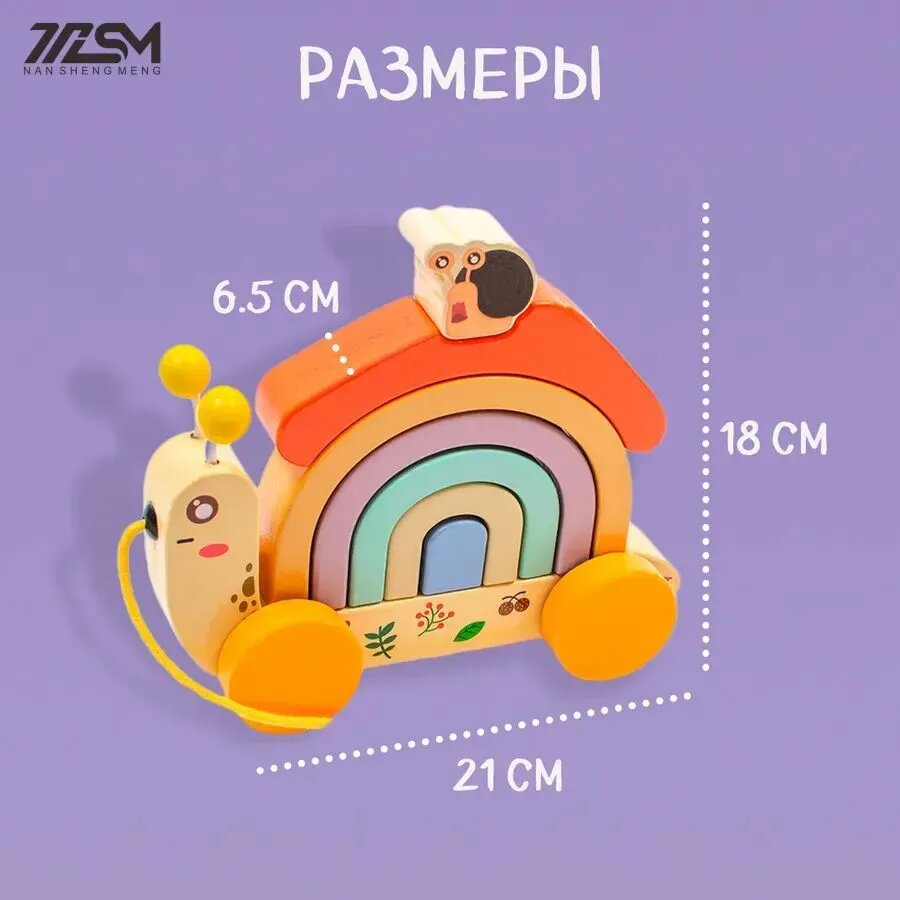 Деревянный сортер каталка для детей от 8 месяцев. Развивающая игра-пирамидка для малышей на колесиках — фото 1
