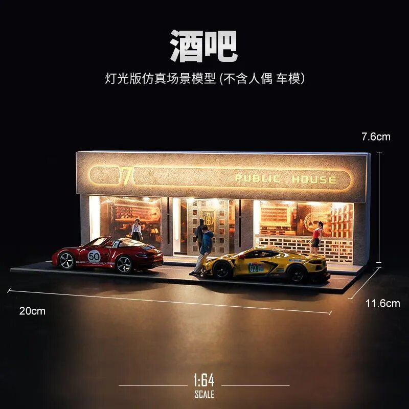Миниатюрная модель сцены в масштабе 1:64 с освещением, гараж, бар