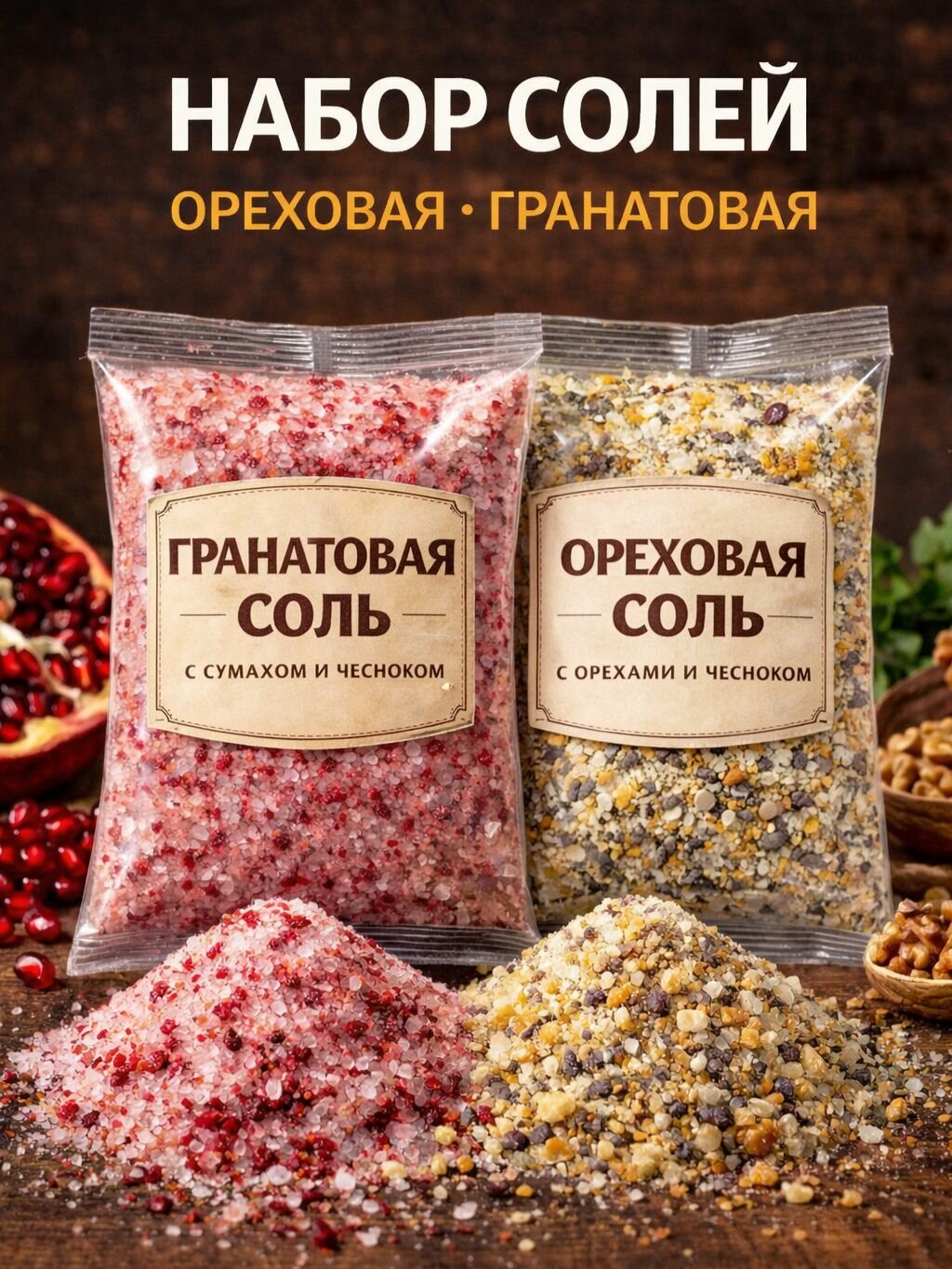 Набор солей 2 по 100 г Гранатовая + Ореховая 100% натуральные смеси Для мяса, овощей, супов, маринадов