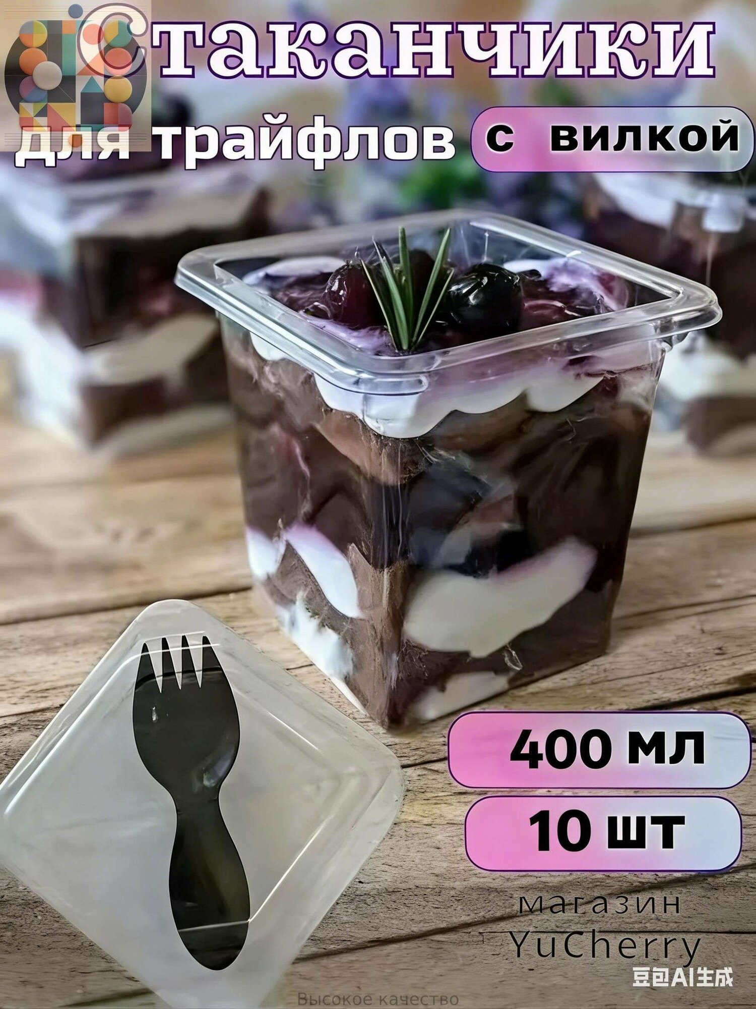 Одноразовый десертный стаканчик, пластиковый, с крышкой и вилкой, 400 мл, 10 шт