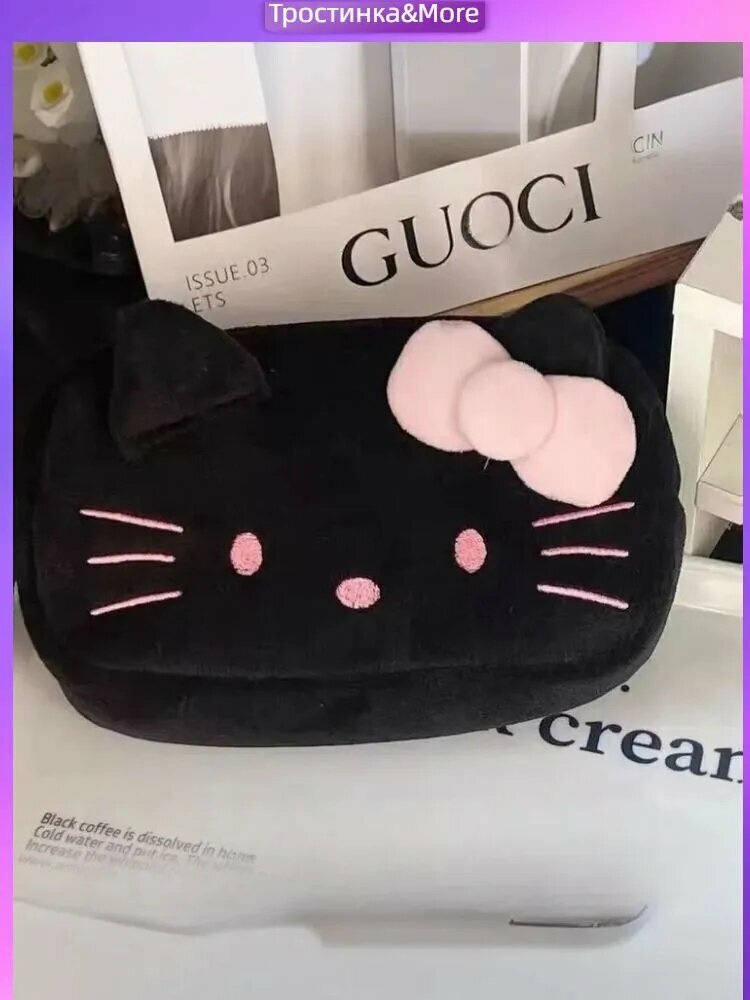 Пенал "Hello Kitty", мягкий, плюш, черный, для карандашей, вместительный, стильный
