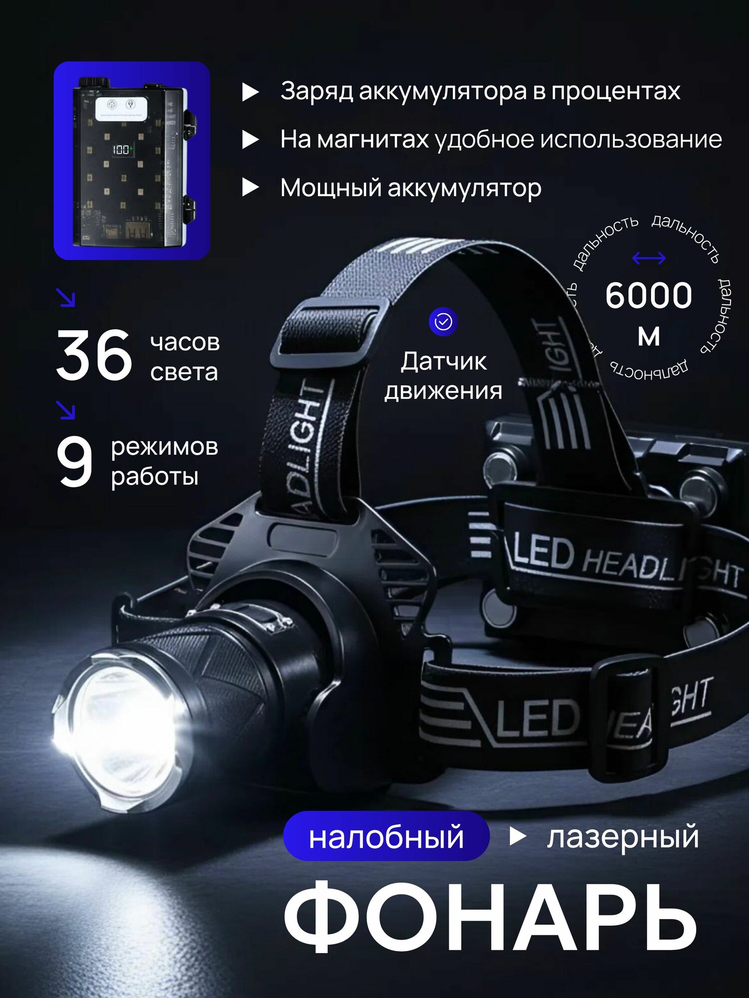 Фонарь налобный, аккумуляторный, светодиодный, LED с зарядкой, лазерный