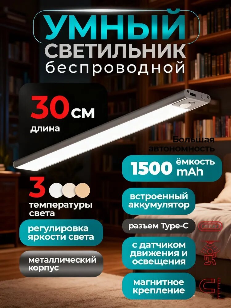 Настенный светодиодный светильник с датчиком движения и регулировкой яркости света, 30 см