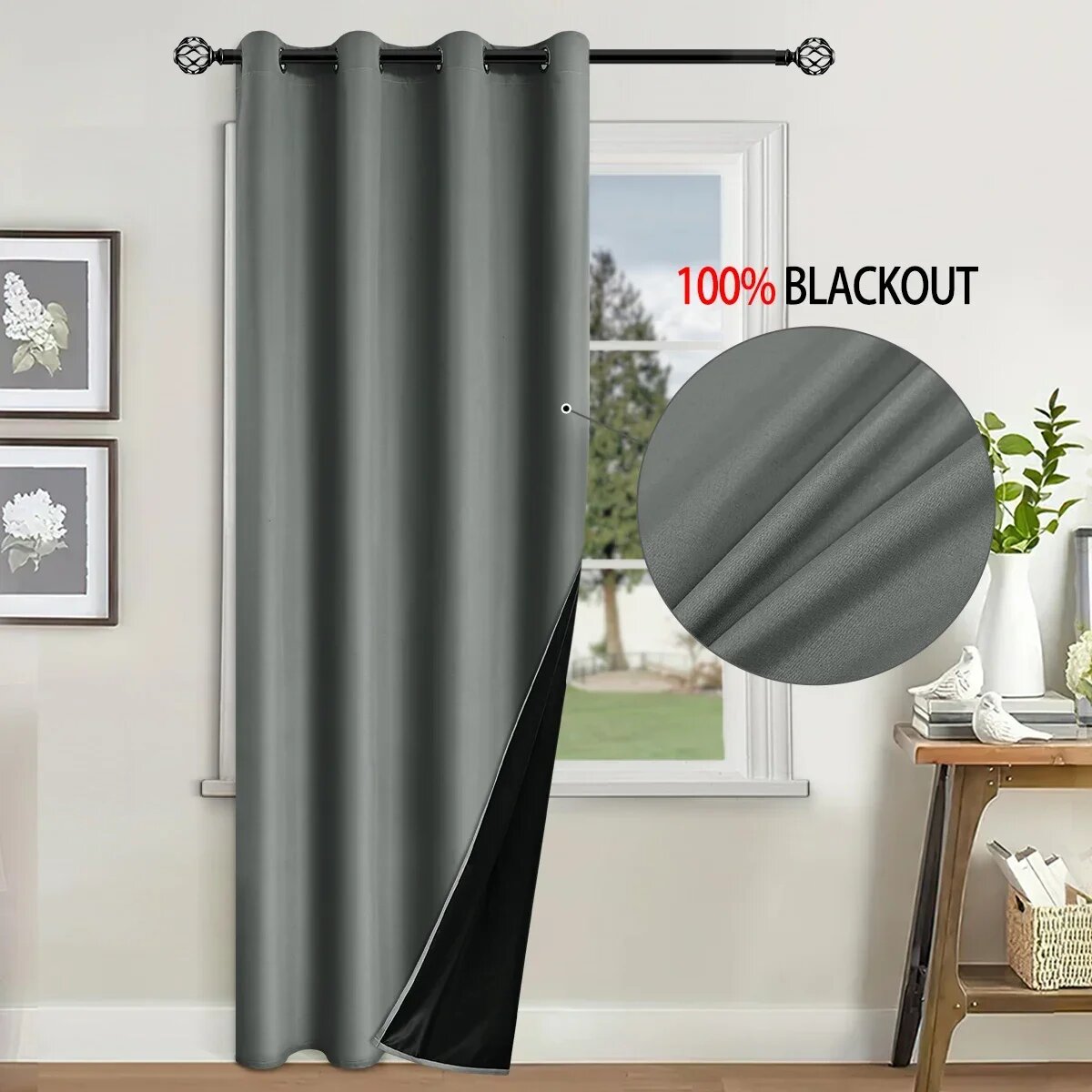 Черные затемняющие шторы из полиэстера Черный, W100CM x H250CM 1PC, Dark Grey