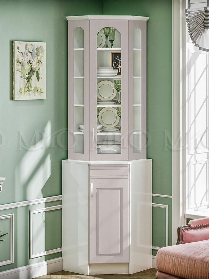 Буфет для кухни Констанция, угловой кухонный шкаф для посуды напольный с фасадами МДФ, 58х225х58 см, Мускат/Белый