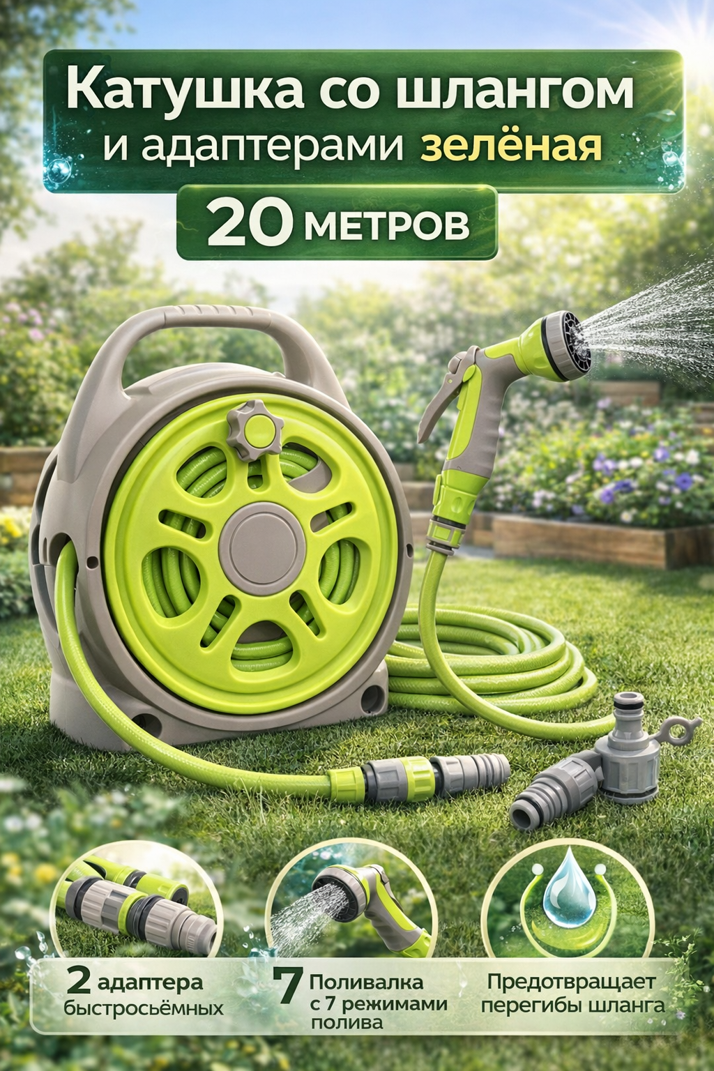 Катушка со шлангом и адаптерами 20 метров, цвет серый, зеленый
