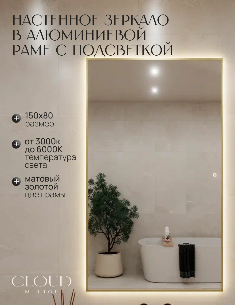 Зеркало 150х80 см. CLOUD MIRROR с подсветкой настенное сенсорное в алюминиевой раме, Золото