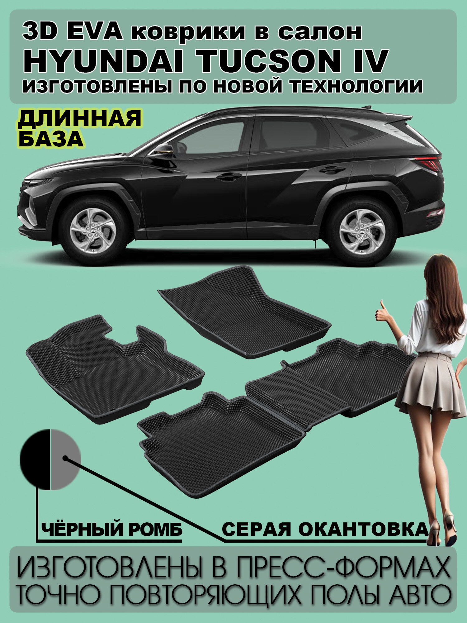EVA коврики Hyundai Tucson IV (длинная база) пресс борта с 2020 г. в. Чёрный ромб c серой окантовкой. Коврики в салон автомобиля Хёндэ Туссан 4