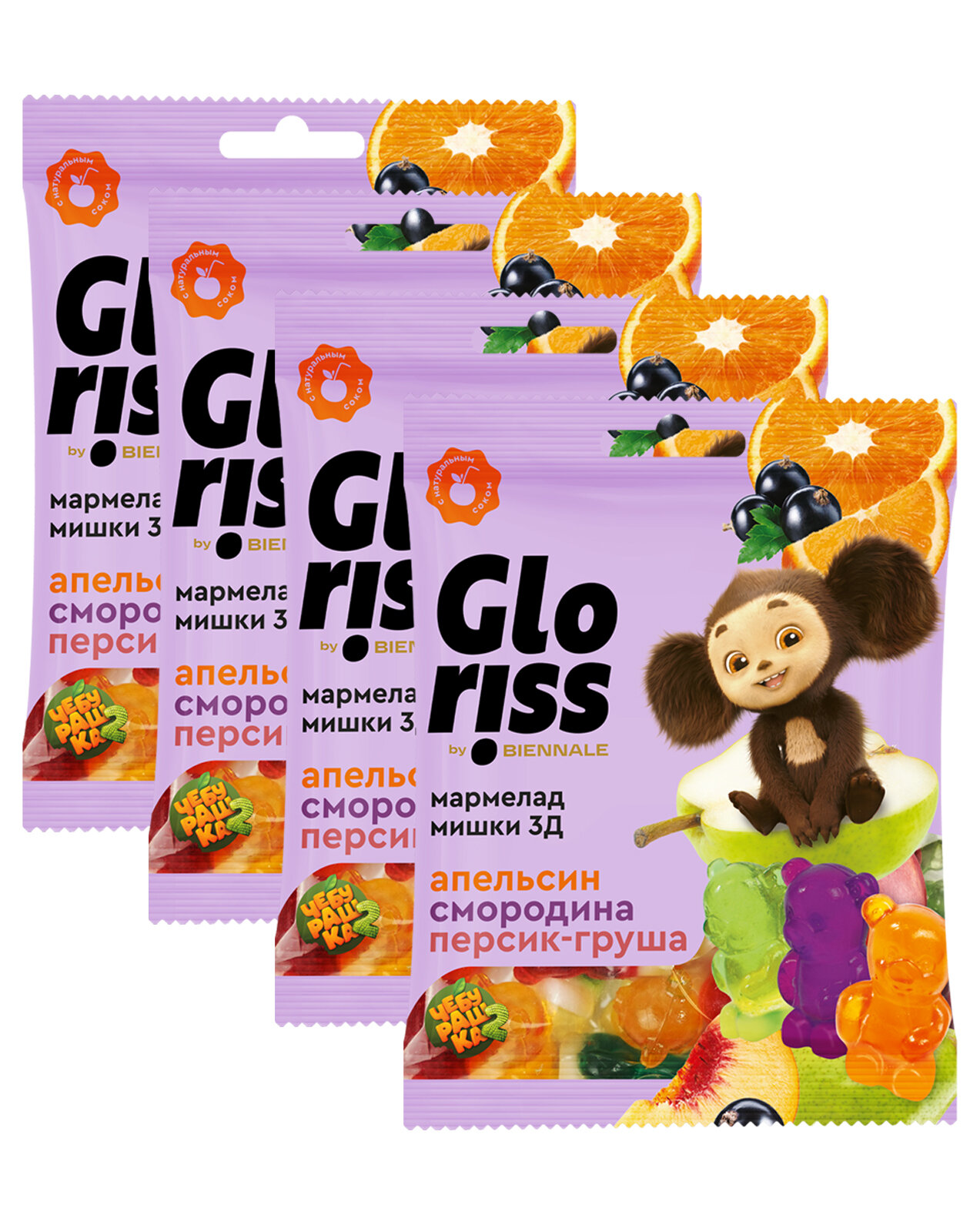 Мармелад Gloriss апельсин, смородина, персик-груша, 70г х 4шт