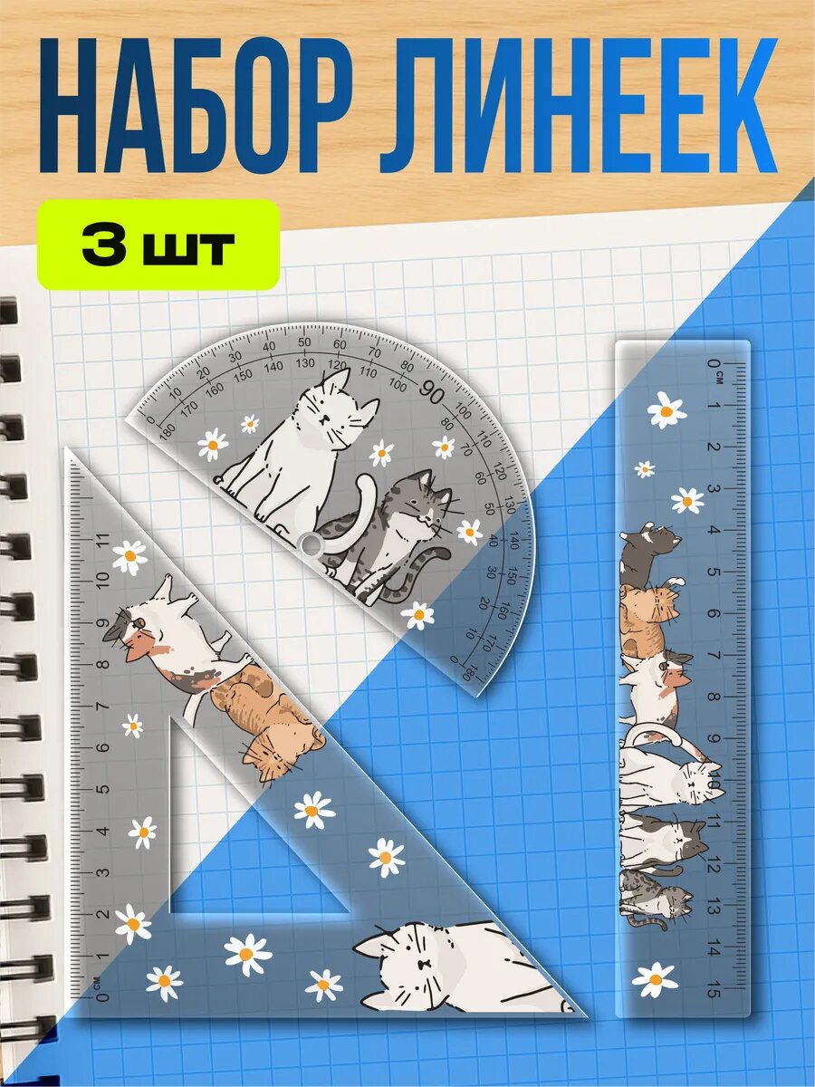 Набор линеек для школьника с транспортиром Милые котики