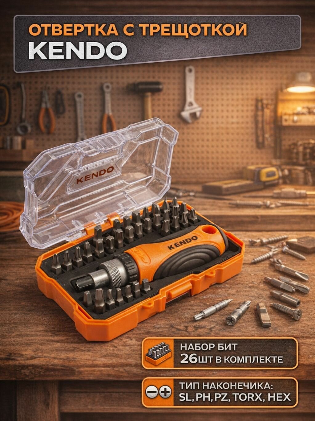 Отвертка с трещоткой KENDO + набор бит, 26 шт