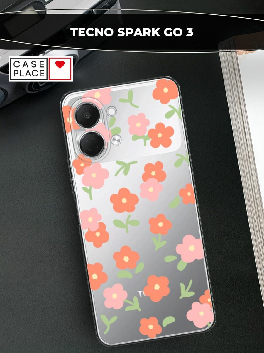 Чехол на Tecno Spark Go 3 / Текно Спарк Го 3 с принтом Красные цветочки рисунок, прозрачный