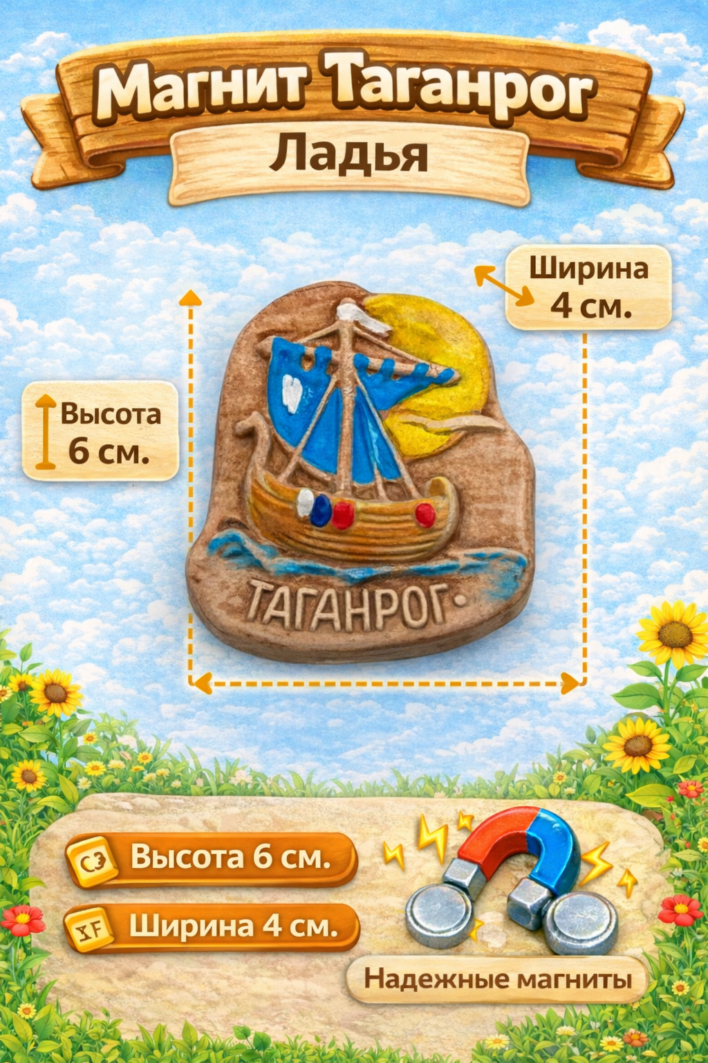Магнит Таганрог Ладья керамика, разноцветный, 60х40х5 мм. 1 шт.