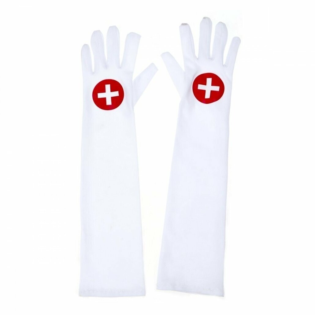 Перчатки длинные белые с красным крестом, нейлон/эластан, универсальный размер, длина 42 см
