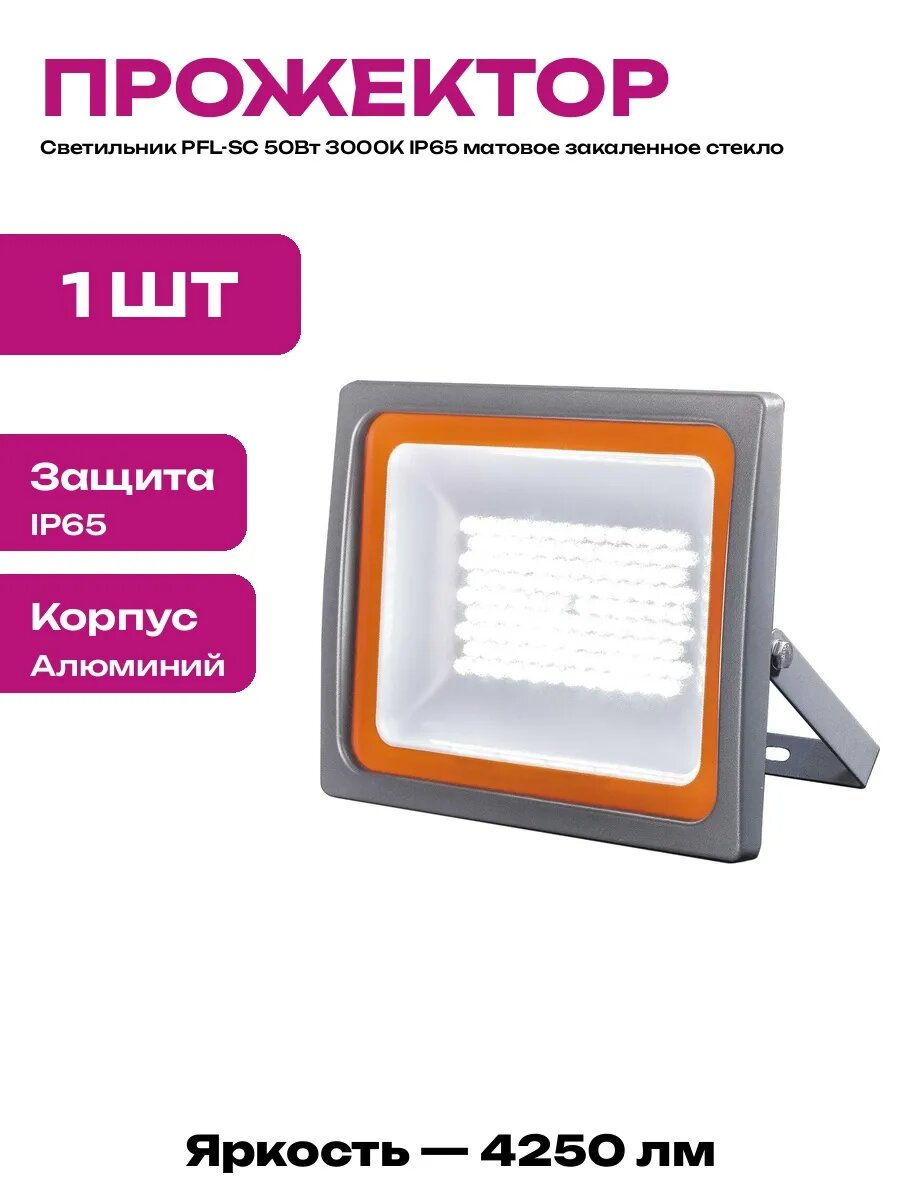 Прожектор PFL-SC 50Вт 3000К IP65 серый прямоугольный на лире