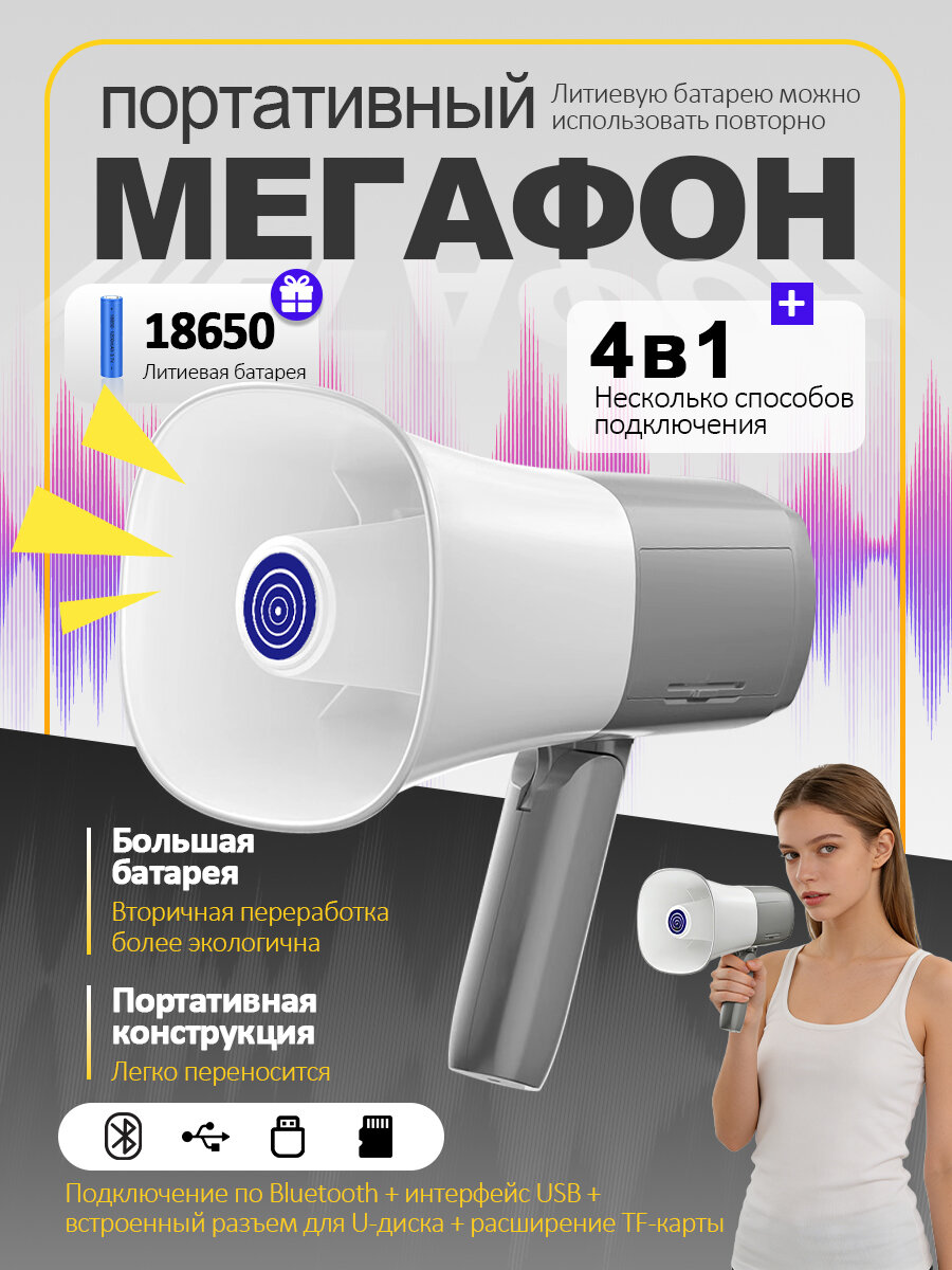 Громкоговоритель рупор с записью голоса экскурсионный, усилитель звука и голоса с блютуз; с функцией записи