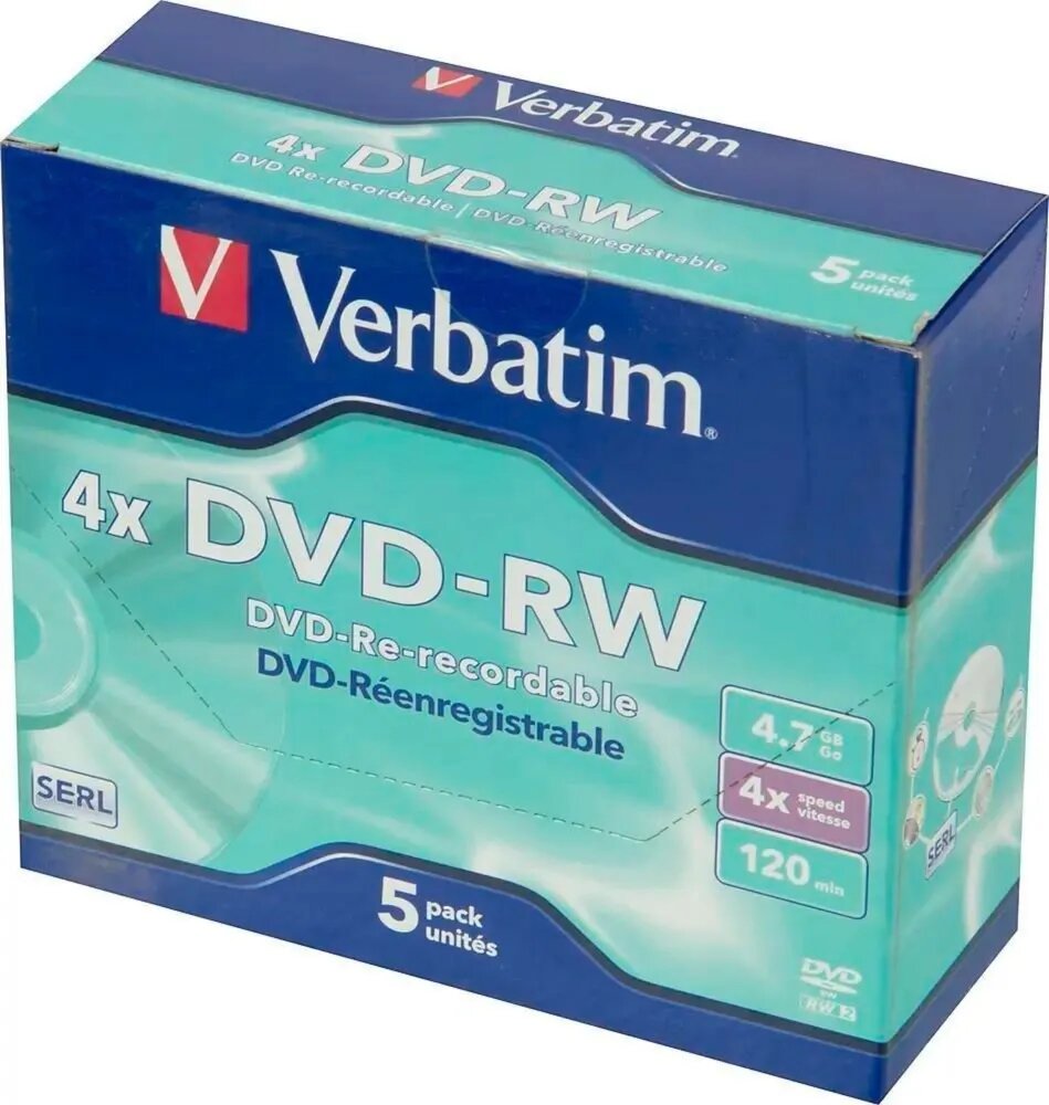 Verbatim DVD-RW диск для записи 4.7 ГБ 5 шт. DVD-Re-recordable DVD-Réenregistrable