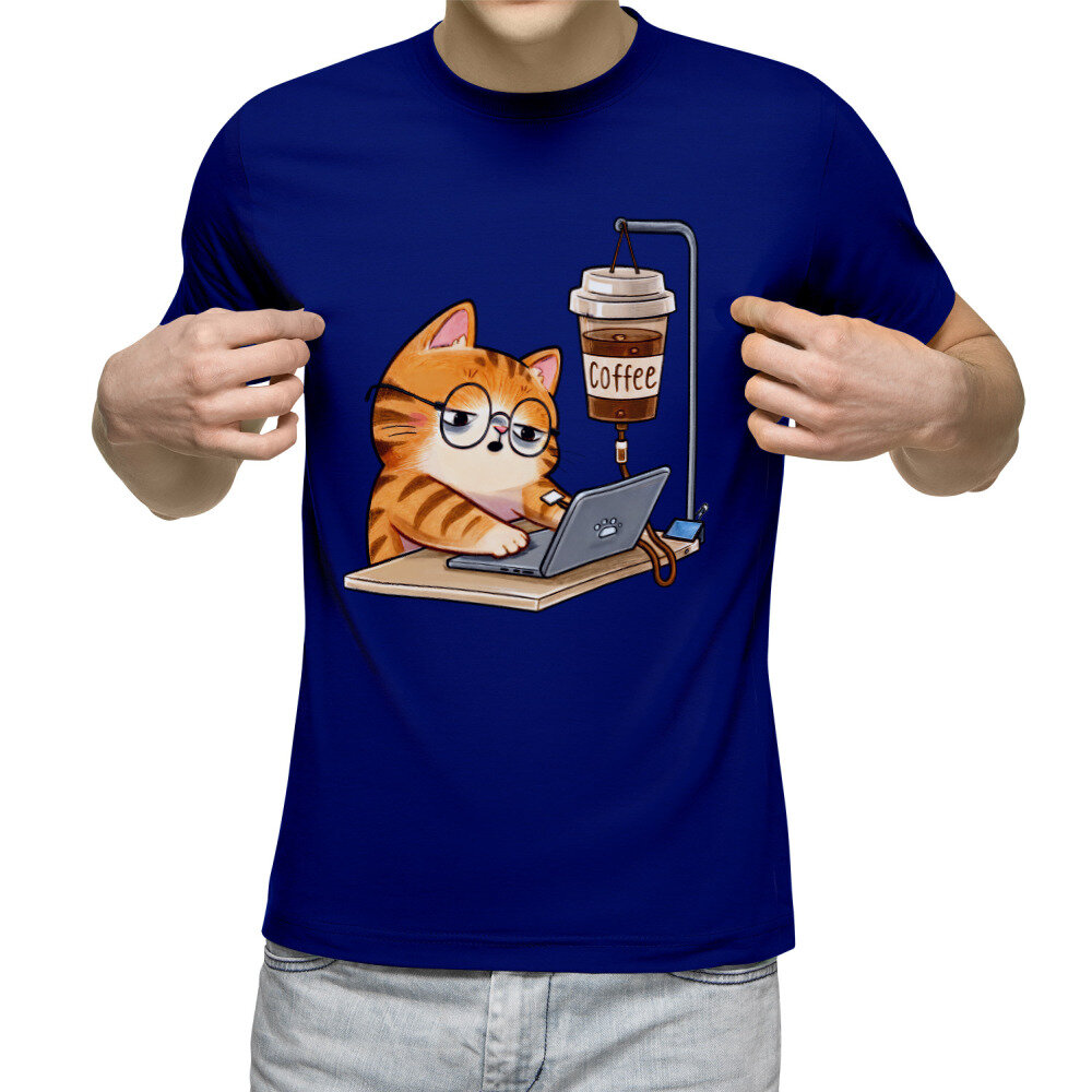 Мужская футболка «Кот - трудоголик» (синий, 2XL)