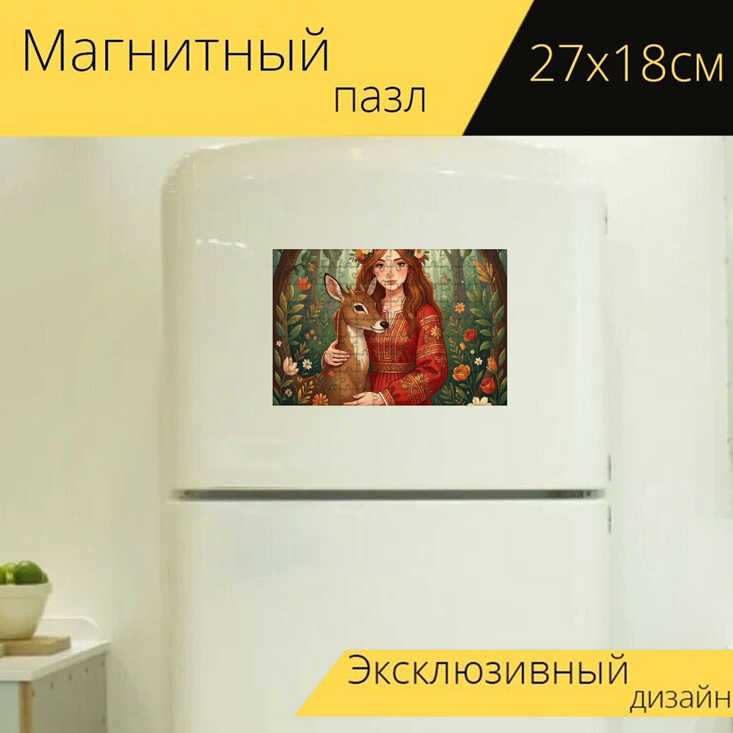 Магнитный пазл "Девушка с олененком в лесу. Нежный сказочный образ юной красавицы в красном вышитом платье с венком из цветов, рядом ласковый детеныш." на холодильник 27 x 18 см.