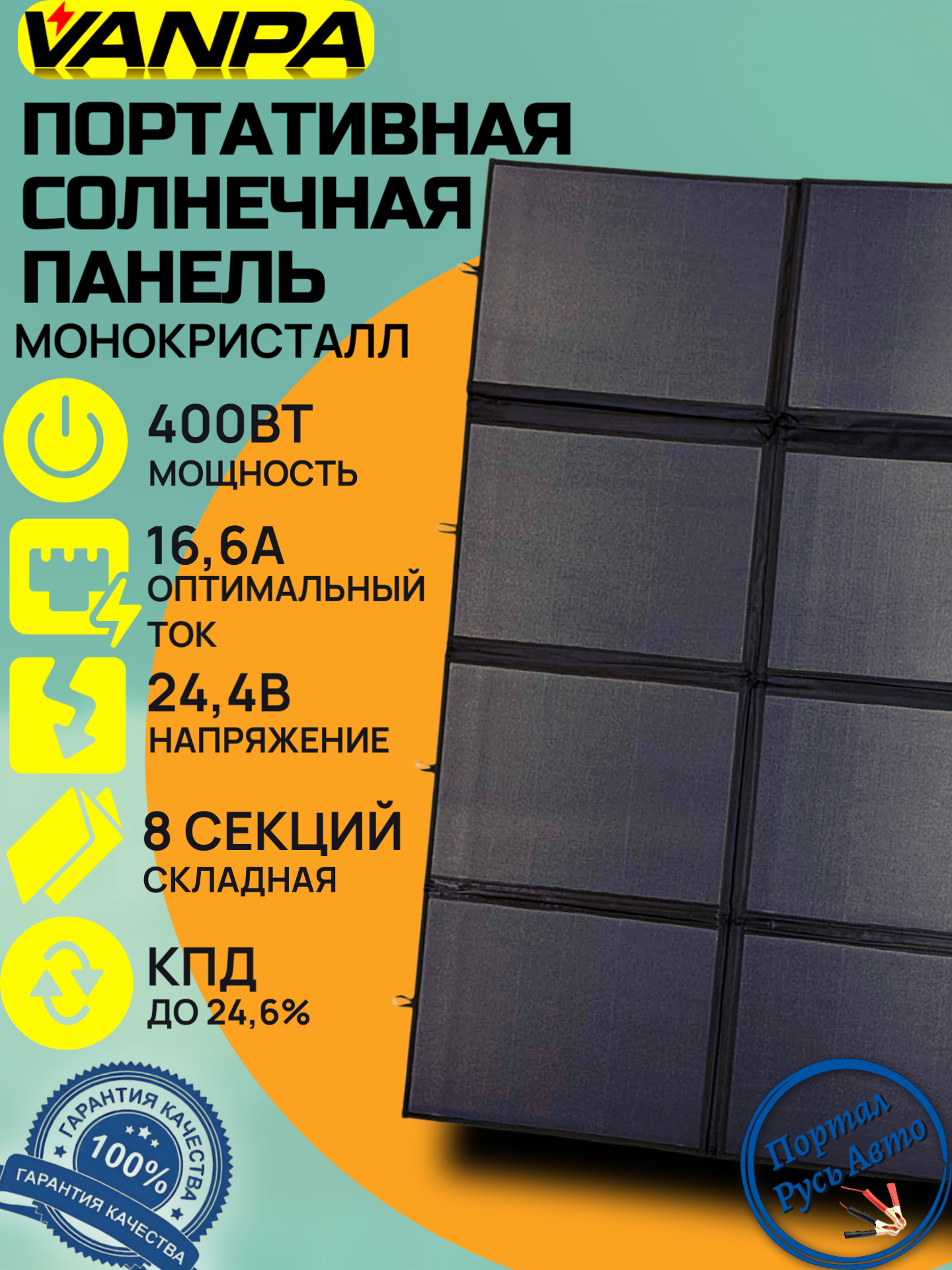 Солнечная батарея портативная складная панель Vanpa 400 Вт 24В