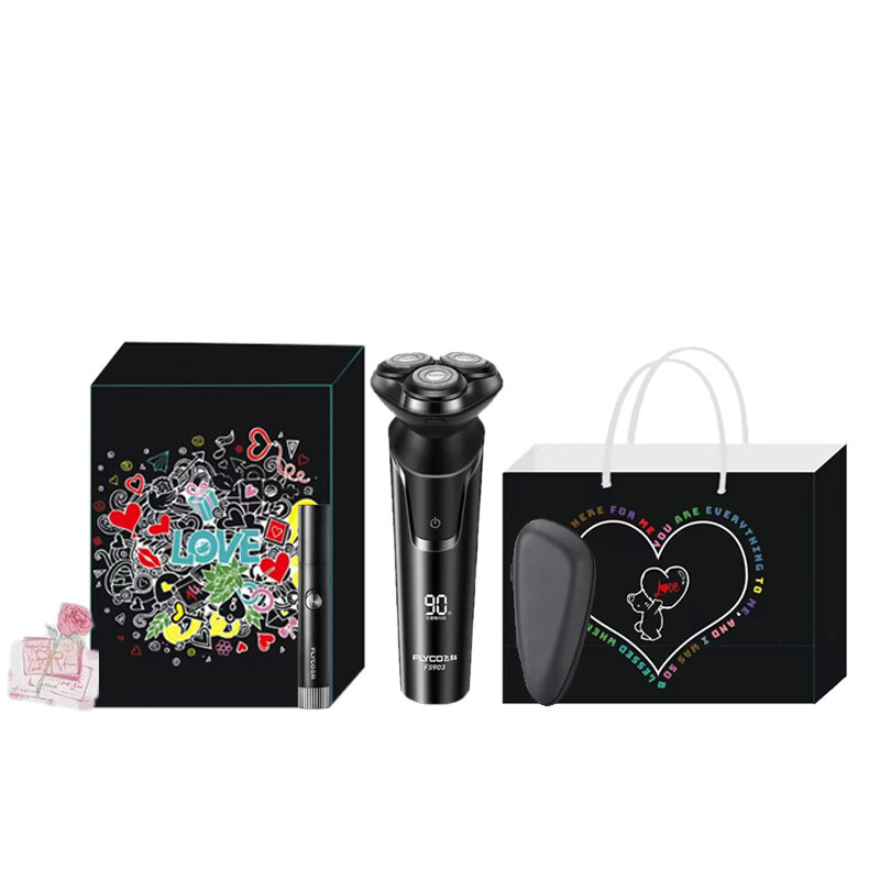 Электробритва унисекс FLYCO FS903 роторная, FS903 Black LOVE Bear Box+Storage Bag+5605 Nose Hair Trimmer