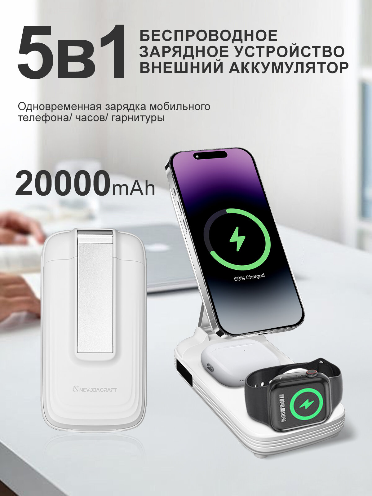 Беспроводное быстрое зарядное устройство 5-в-1 для iPhone, смартфонов Samsung, часов и наушников, Складной пауэрбанк 20000 мАч С дисплеем
