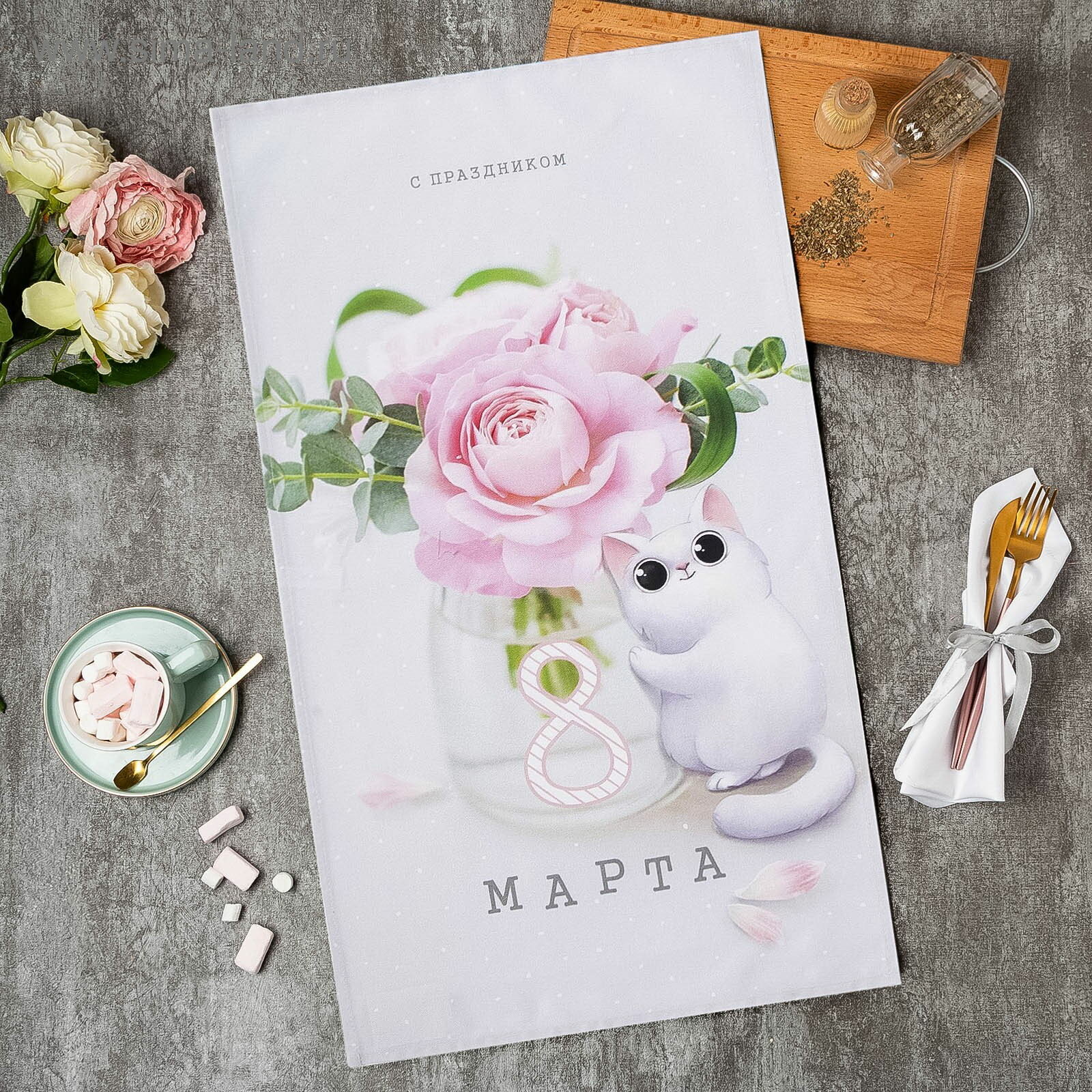 Полотенце кухонное "8 марта", 40x73 см, 100% хлопок, саржа 190 г/?2