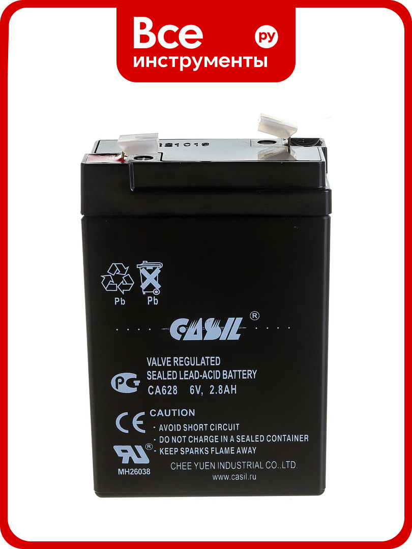 Аккумуляторная батарея CASIL CA628, 6В, 2,8Ач, свинец (сухой элемент, AGM), черный