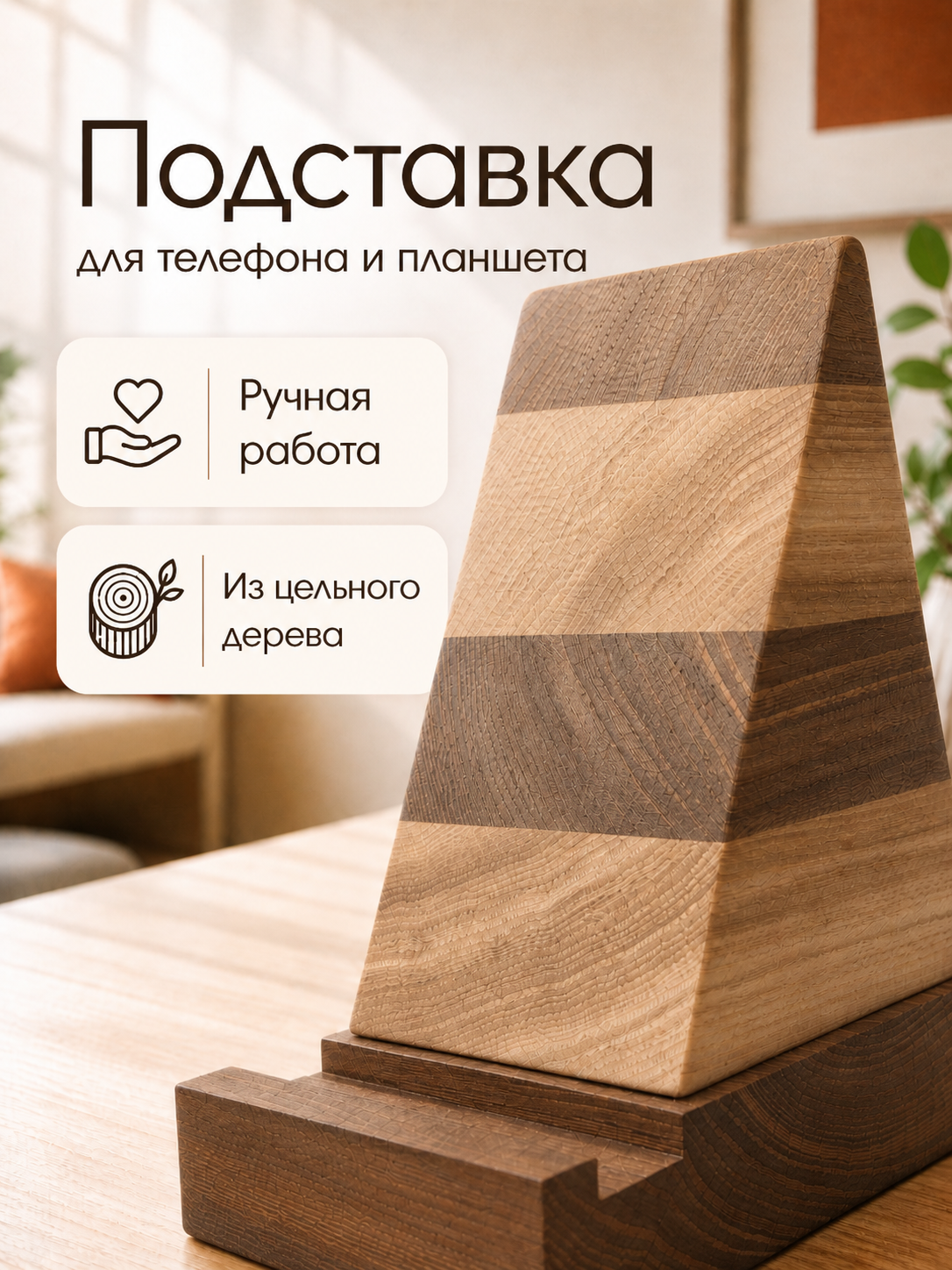 Подставка для телефона смартфона планшета деревянная из дуба ясеня карагача