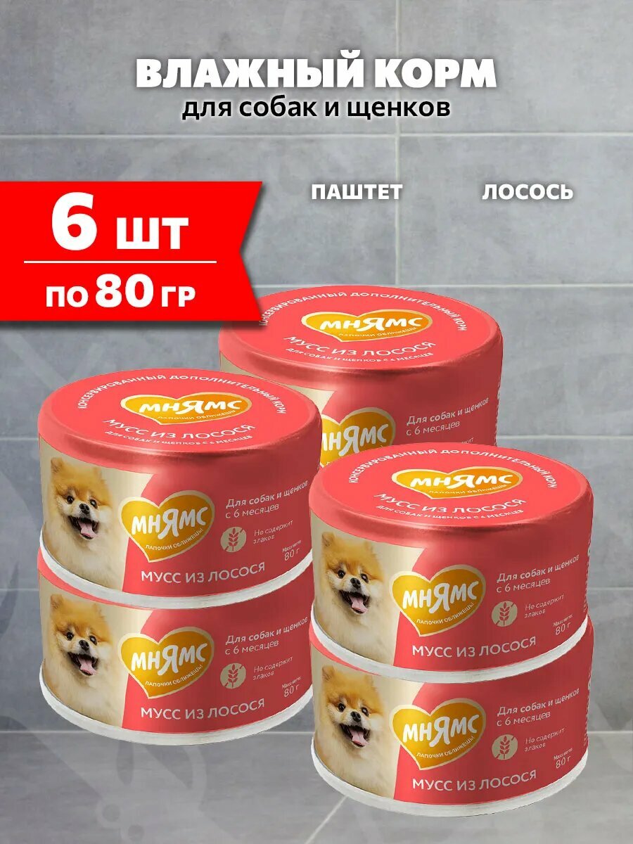 Корм влажный Мнямс для собак и щенков мусс, лосось, 80 г х 6 шт
