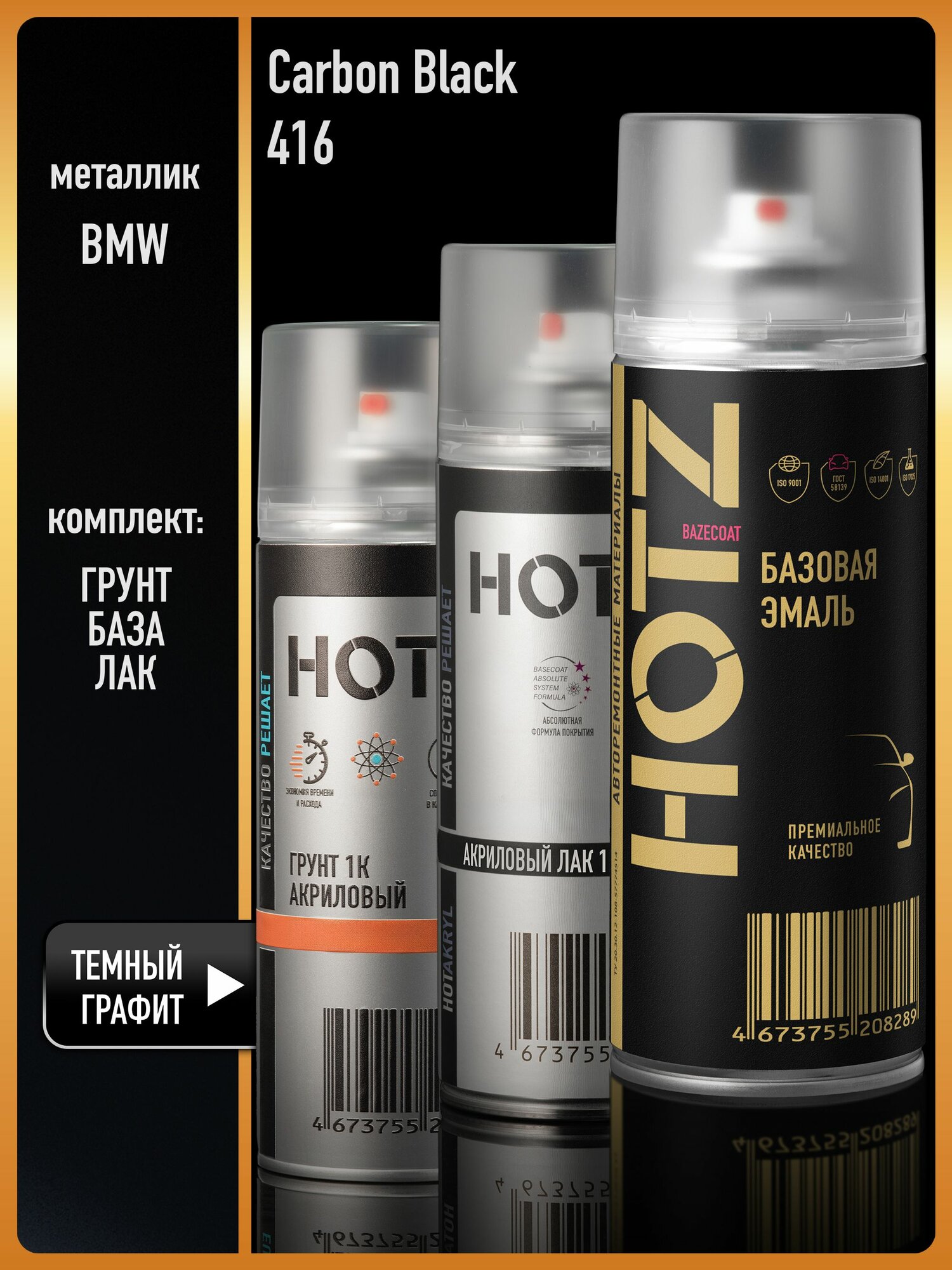Комплект: (Краска аэрозольная 1K "BMW Carbon Black 416" металлик 520 мл + Грунт 1К выравнивающий, темный графит, 520 мл + Лак 1К, 520 мл.), HOTZ