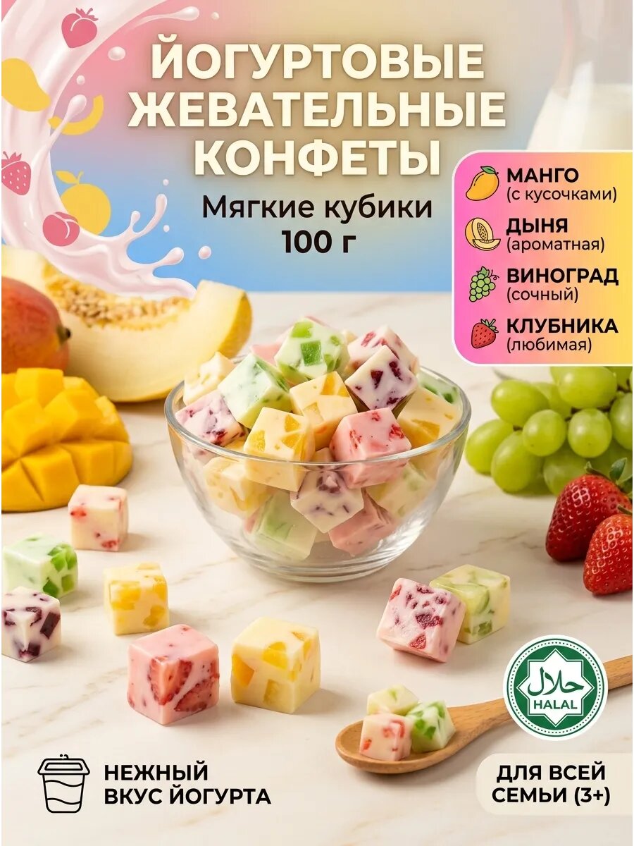 Конфеты жевательные с йогуртом фруктовые 100 гр