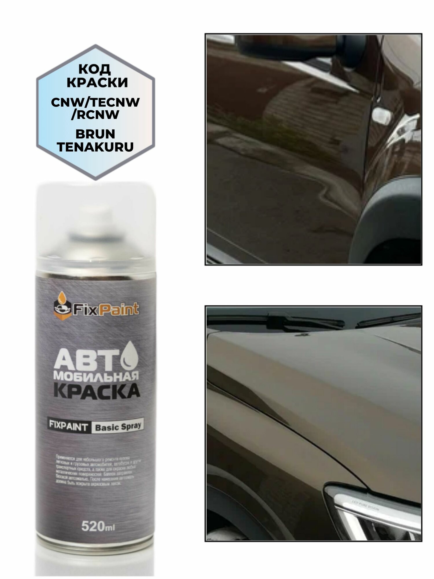 Краска RENAULT, код CNW, BRUN TENAKURU, автомобильная эмаль FixPaint Spray в аэрозольном баллончике 520 мл