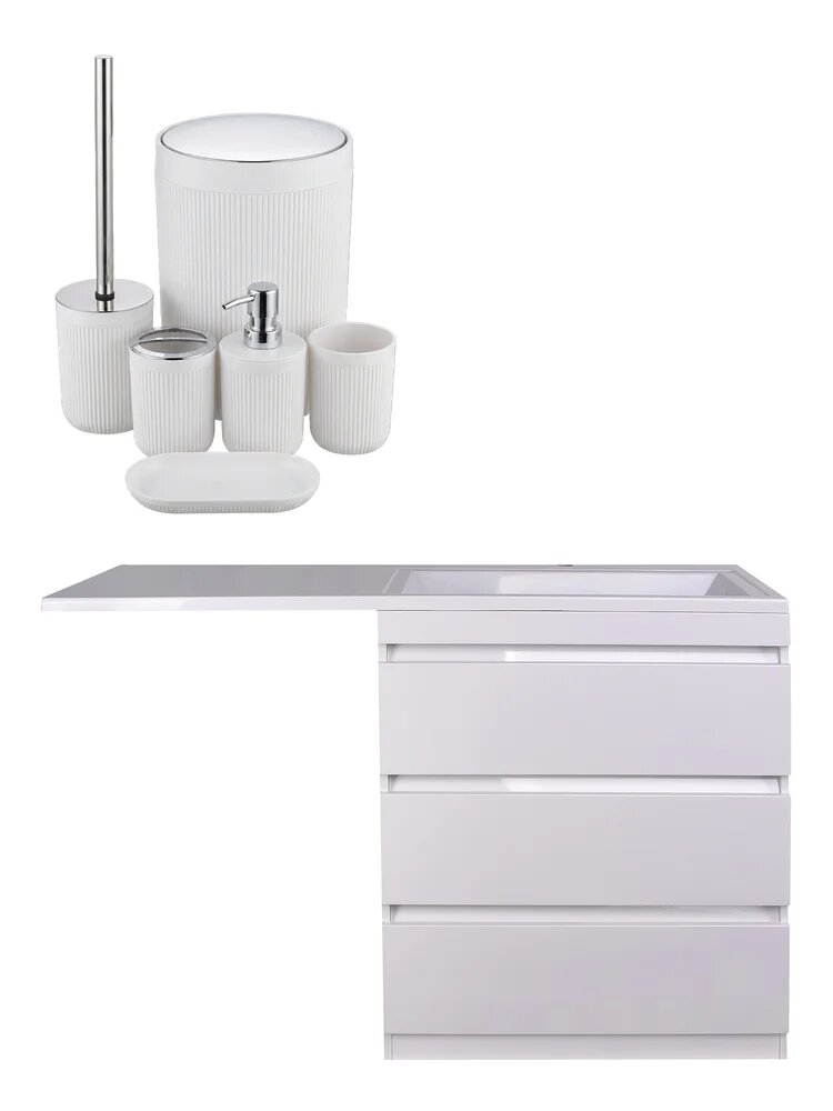Тумба с раковиной Style Line Даллас 140 R под стиральную машину, напольная, 140,2 см, белая, глянцевая, из МДФ, с ящиками, раковина для ванной, из искусственного камня, прямоугольная