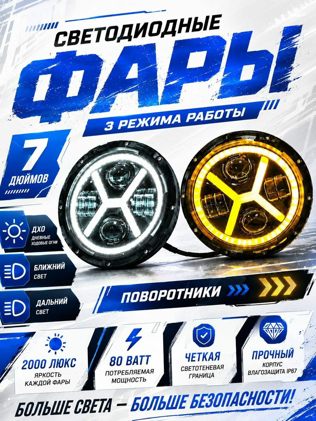 Светодиодные LED фары 7 дюймов для УАЗ 452, УАЗ 469 - UAZ - Фары передние для 178 мм Яркие Белые Диодные