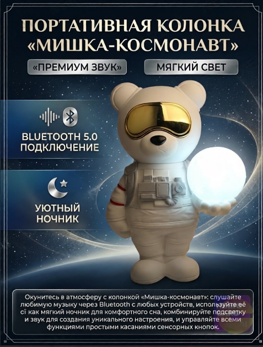Ночник-музыкальная колонка в виде мишки космонавта с луной в лапке, USB, TF, BT, регулятором громкости