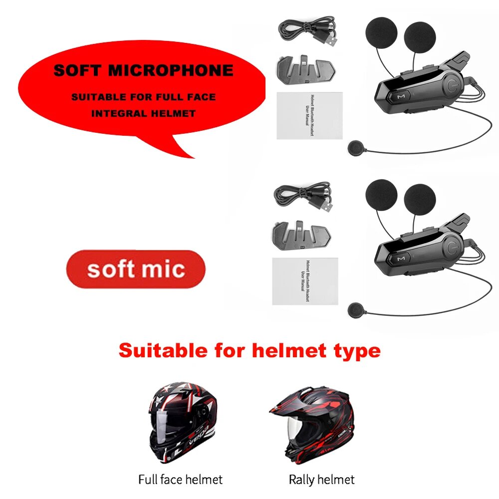 Bluetooth-гарнитура для мотоциклетного шлема X1 Plus, 5,0 м Красный, 2 sets soft mic