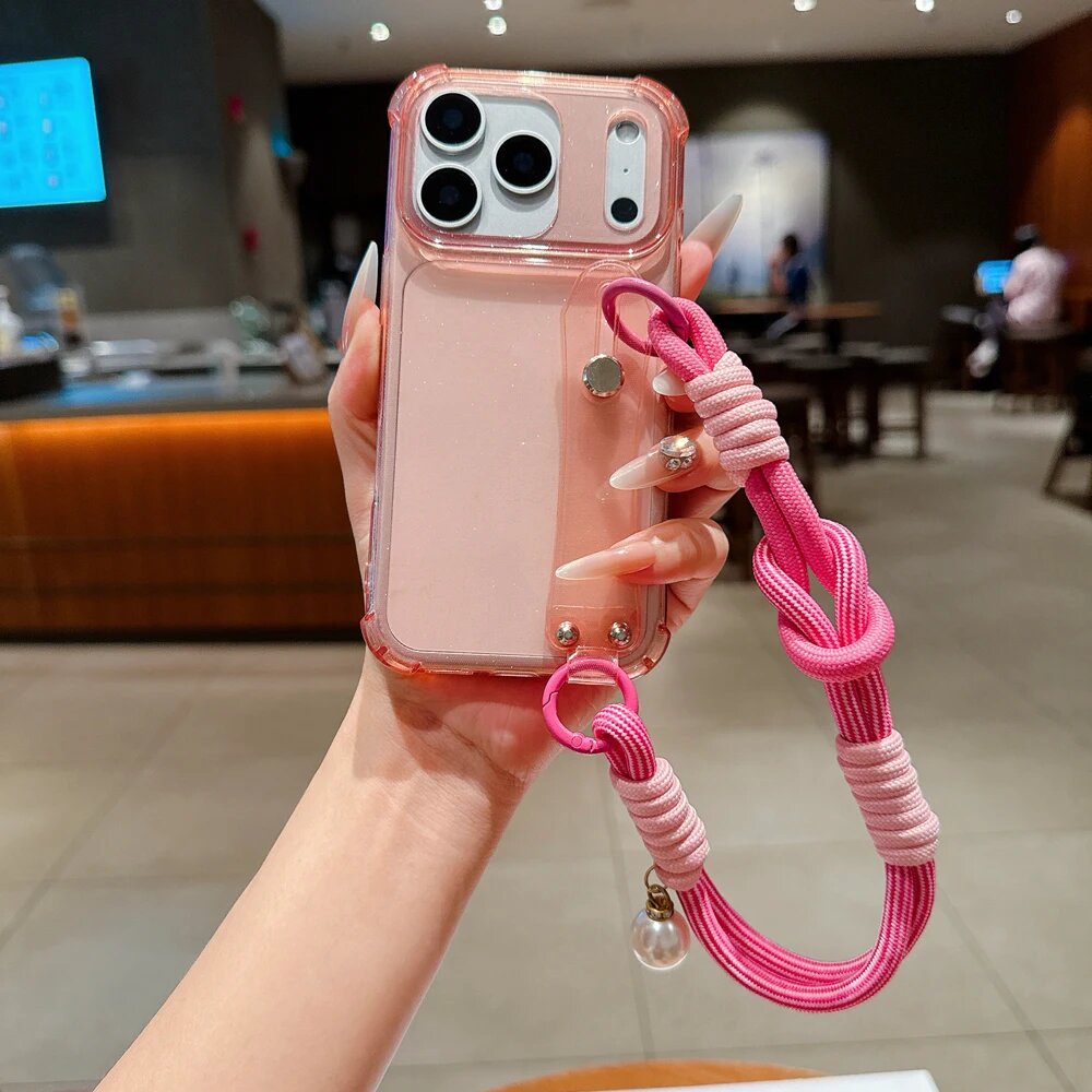 Прозрачный чехол KEYSION с ремешком-подставкой для iPhone 13 14 15 16 17 Pro Max 17 Air 16e с шнурком, противоударная задняя крышка
