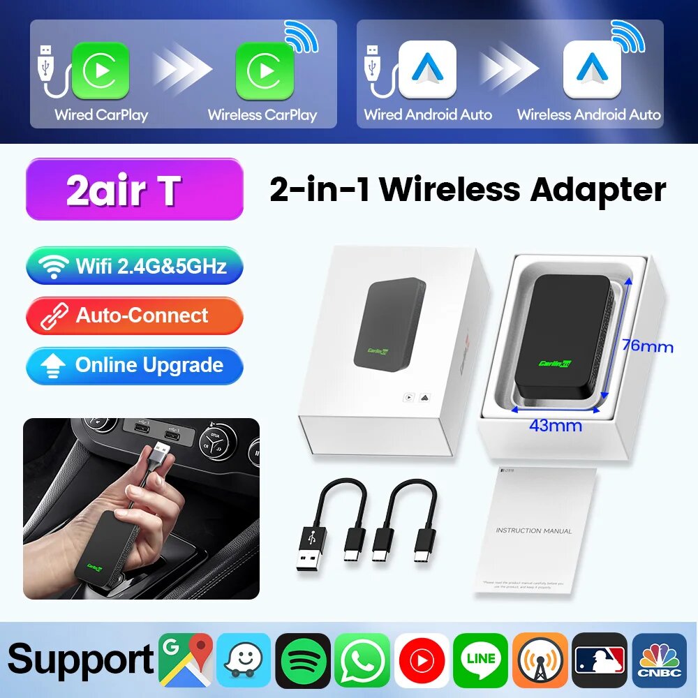 Беспроводной адаптер CarlinKit 5.0 2Air для CarPlay и Android Auto с поддержкой проводного CarPlay/Android Auto и USB-портом Wi-Fi для автомобильных магнитол