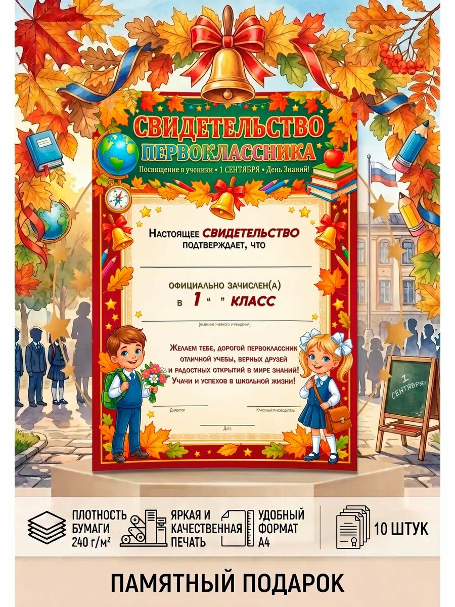 Свидетельство первоклассника на 1 сентября 10шт.