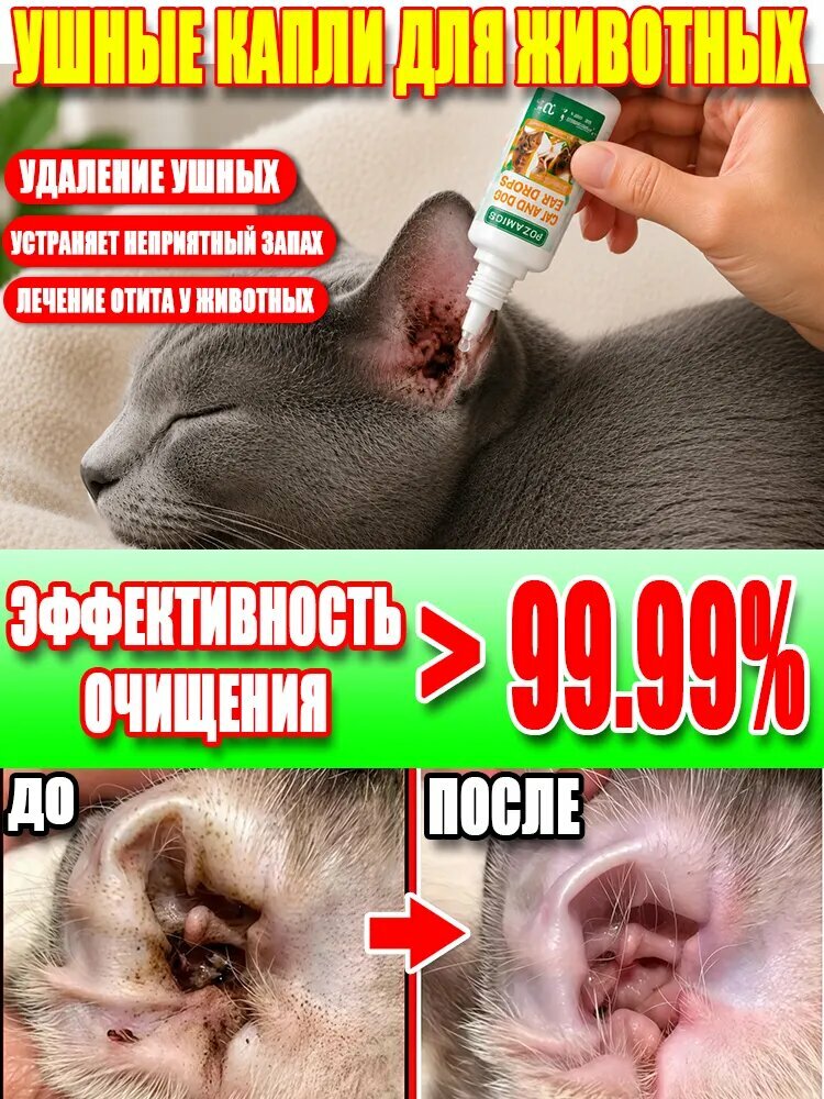 Лосьон для чистки ушей собак и кошек, средство для гигиены ушей питомцев, Для удаления ушной серы Мягкое очищение 30 мл