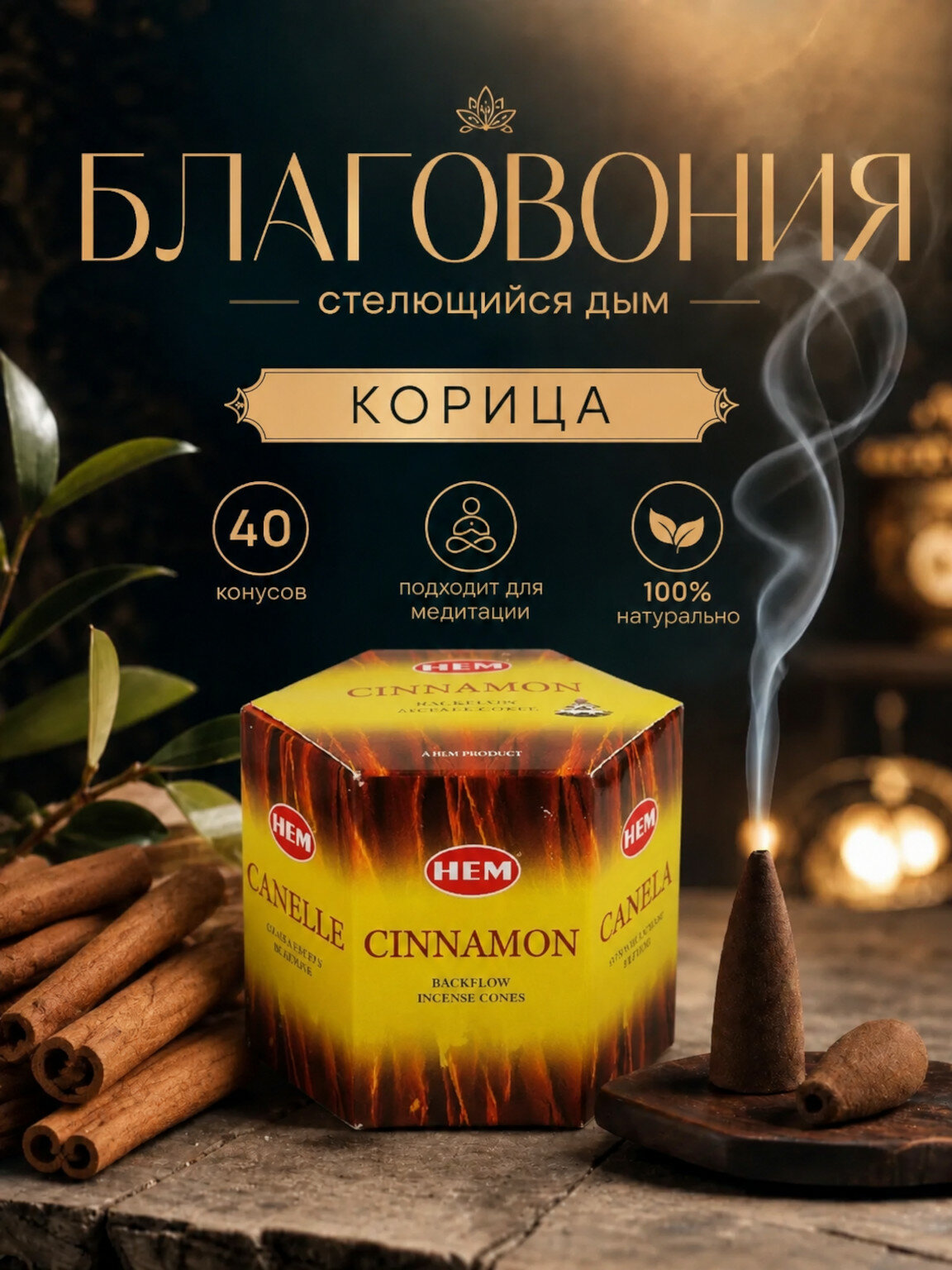 Благовония пуля HEM Cinnamon корица, стелющийся дым, конусы 40 шт