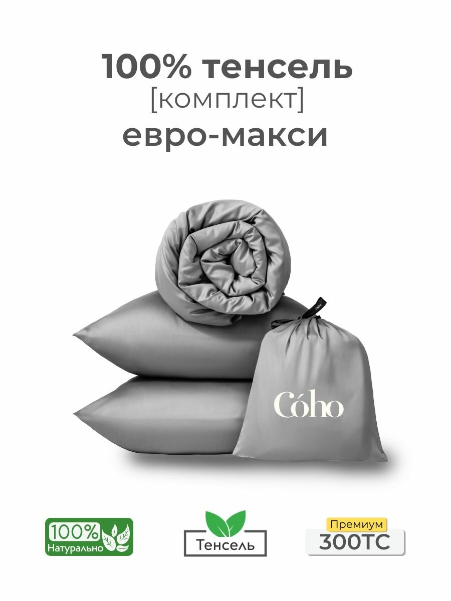 Комплект постельного белья, евро макси, 50x70, тенсель, светло-серый, Coho Home