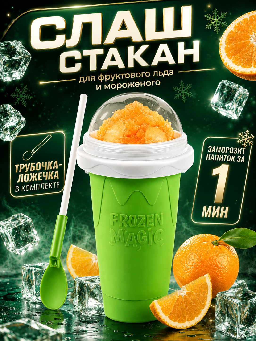 Cтакан для мороженого и заморозки напитков FROZEN, Слаш стакан c трубочкой для фруктового льда и мороженого, Зеленый